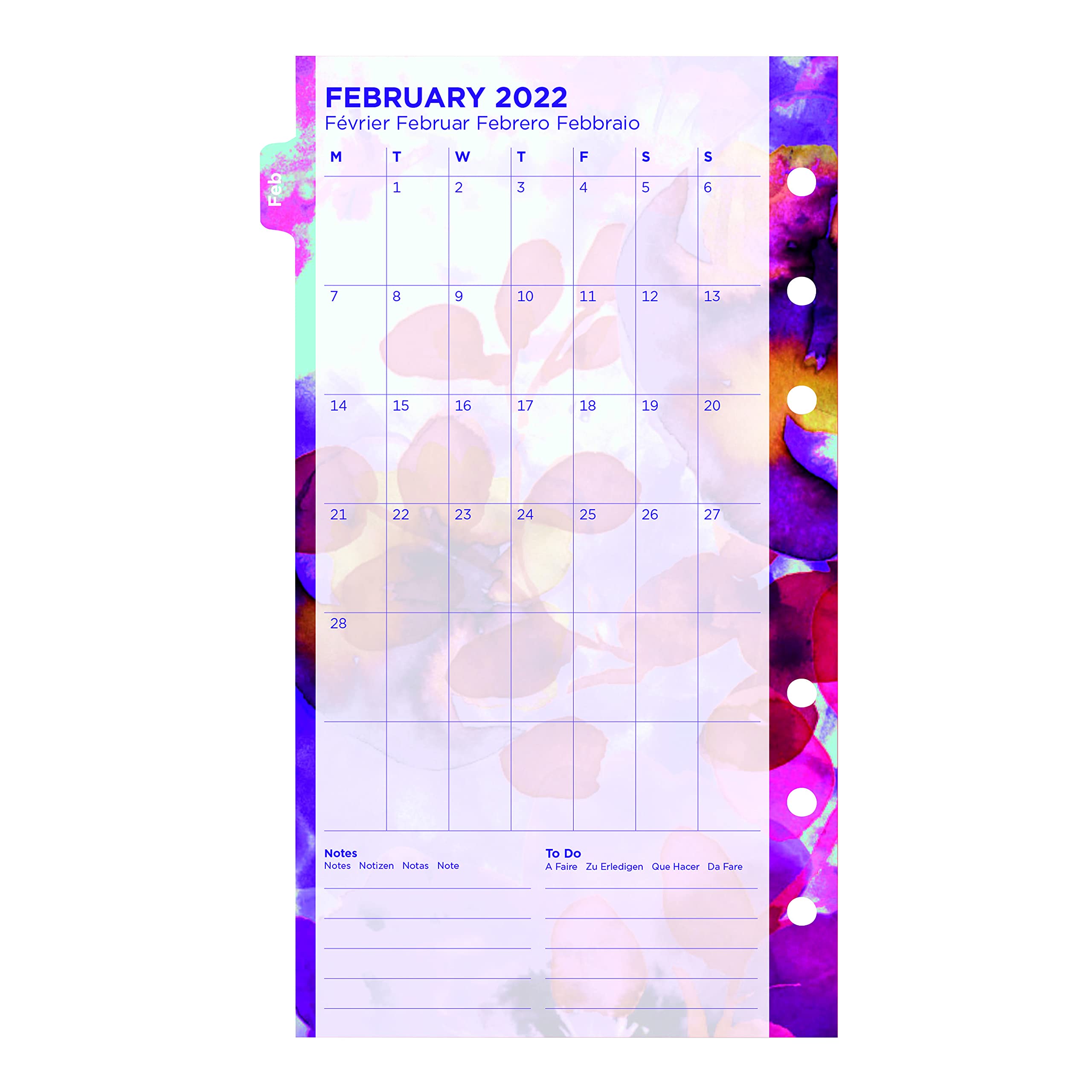 Filofax Refill, Personal/Personal Compact Size, Week-to-View, Illustrated Floral Diary Pack with Four-Color Print Design, Multilingual: Five Languages, 2022 (C6341-22)