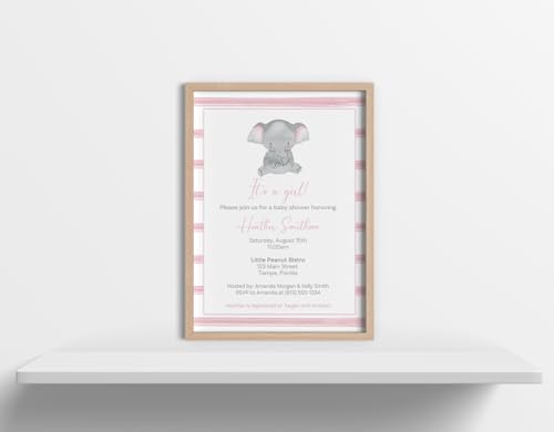 Elephant Baby Shower Invitations Stripes Pink It's a Girl l Little Peanut Invites Customized Personalized Printed (12 Count)