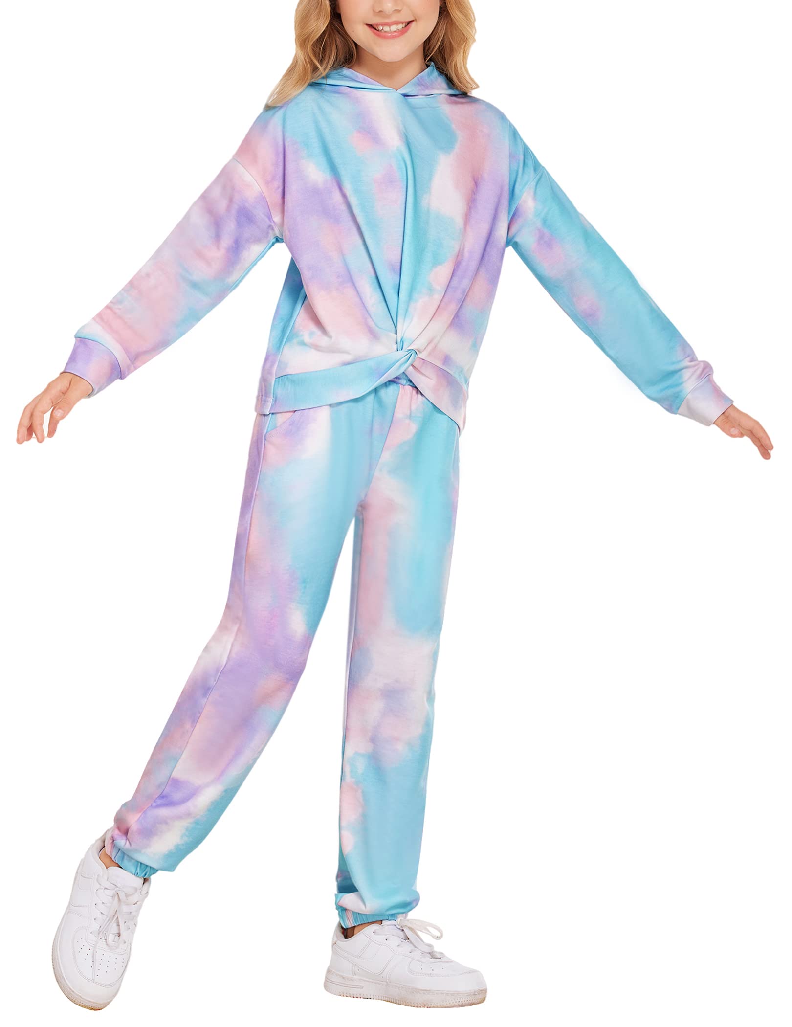 Hopeac Girls 2piece Hoodies Pant Set Tie Dye Long Sleeve Pullover and Casual Sweatpants Relaxed Comfy Cute Tracksuit Workout Outfits