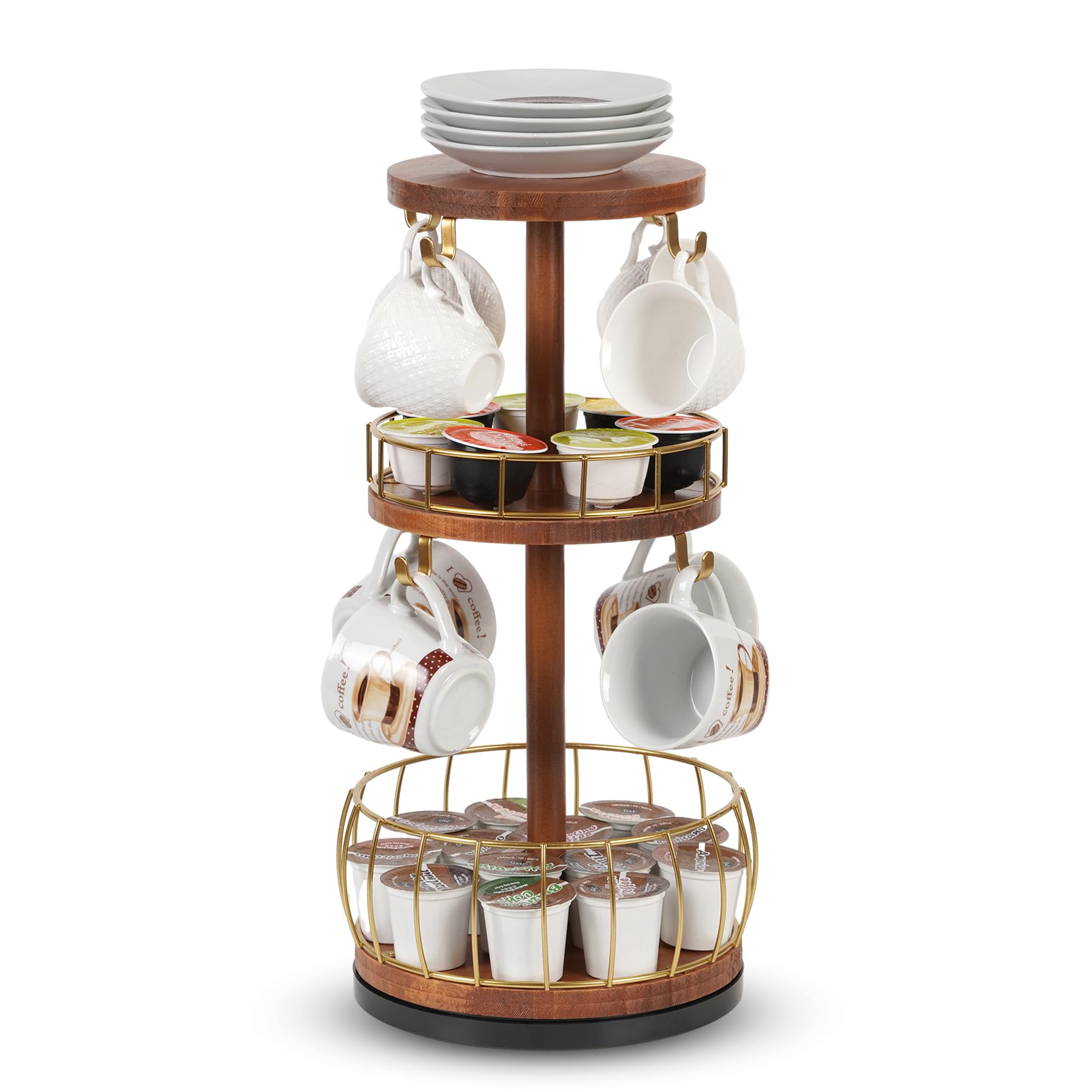 TRSPCWR Mug Tree Countertop, Rotatable Coffee Mug Rack Holder, 3 Tiers Coffee Cup Holder with 8 Mug Hooks, Coffee Pod Holder with Cup Pods & Saucer Basket Storage for Coffee Bar Kitchen Counter