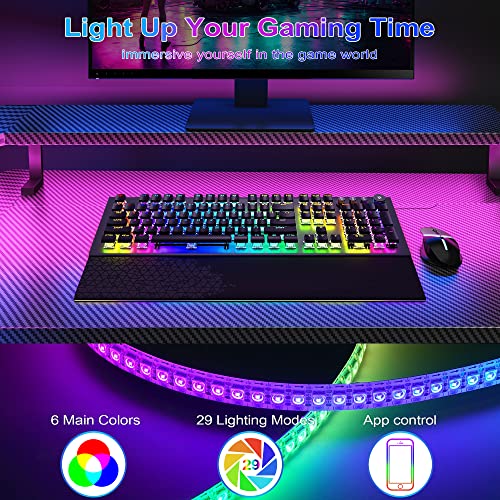 Fangflower L Shaped Computer LED Lights and Power Outlets, 51" Monitor Stand, Cup Holder, Corner Gaming Desk with Hooks for Home Office, Black