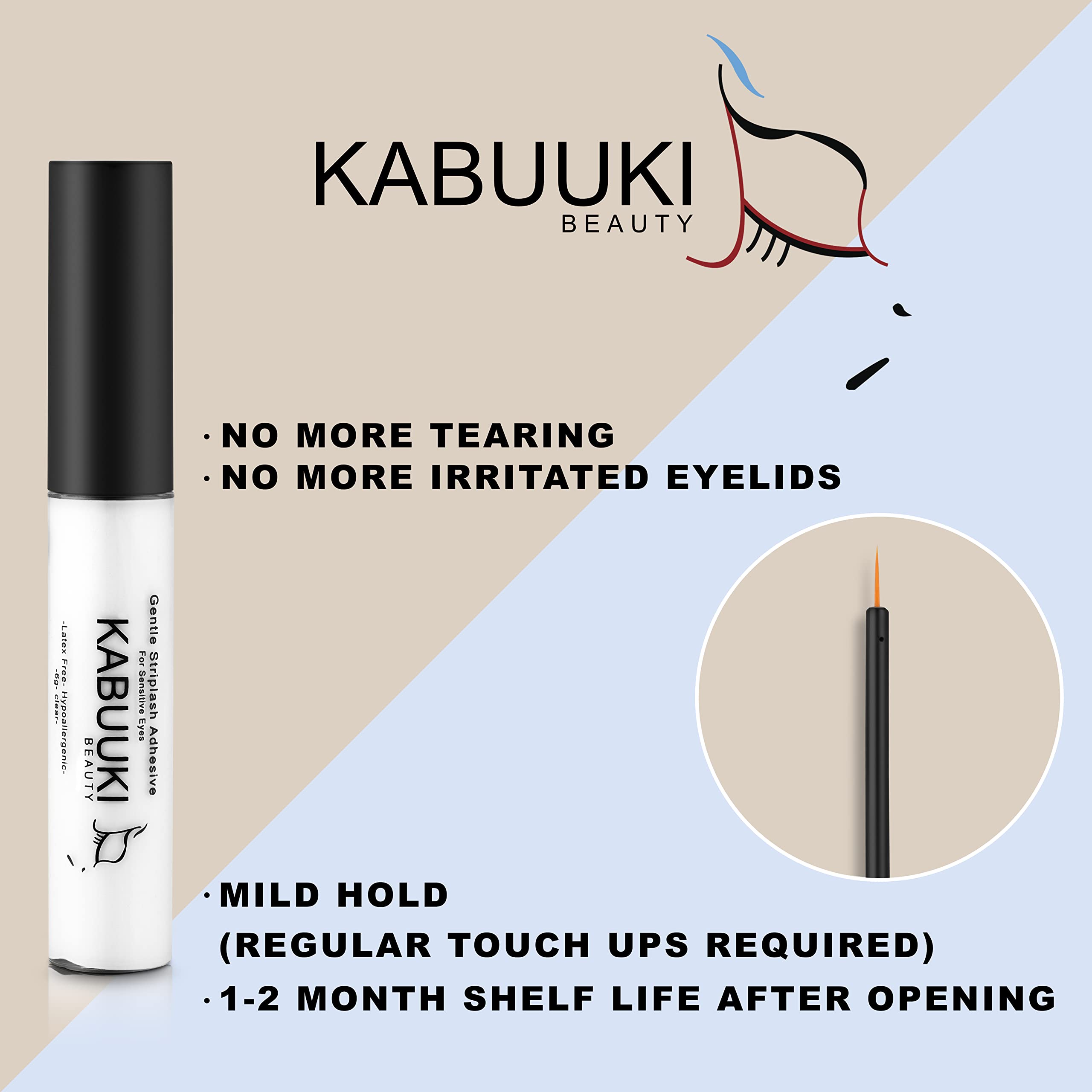 Kabuuki Beauty Clear lash Glue for Sensitive Eyes, Hypoallergenic lash Glue, Latex Free lash Glue