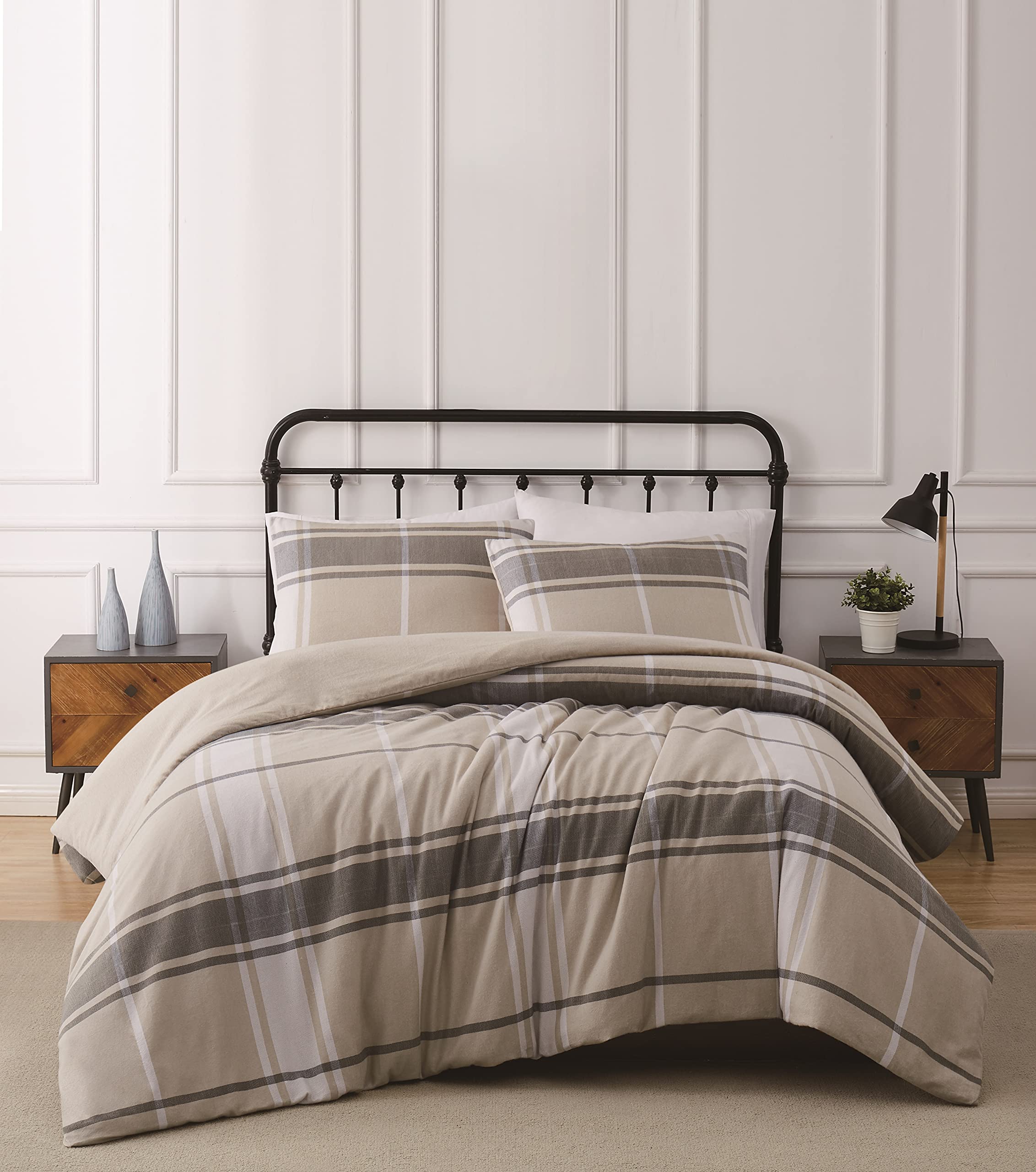 Truly Soft Everyday - Twin XL 2 Piece Duvet + Sham Set - Preston Plaid Flannel Collection - Khaki
