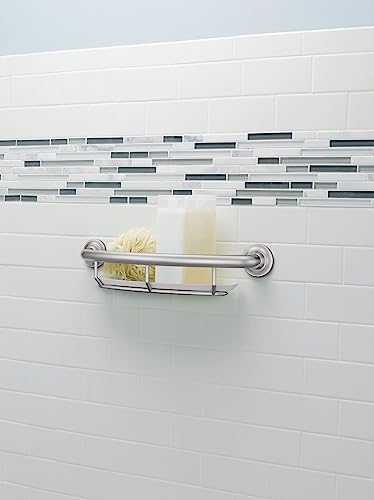 Moen Chrome Bathroom Safety 16-Inch Screw-in Curved Shower Grab Bar with Built-in Shelf for Storage, LR2356DCH