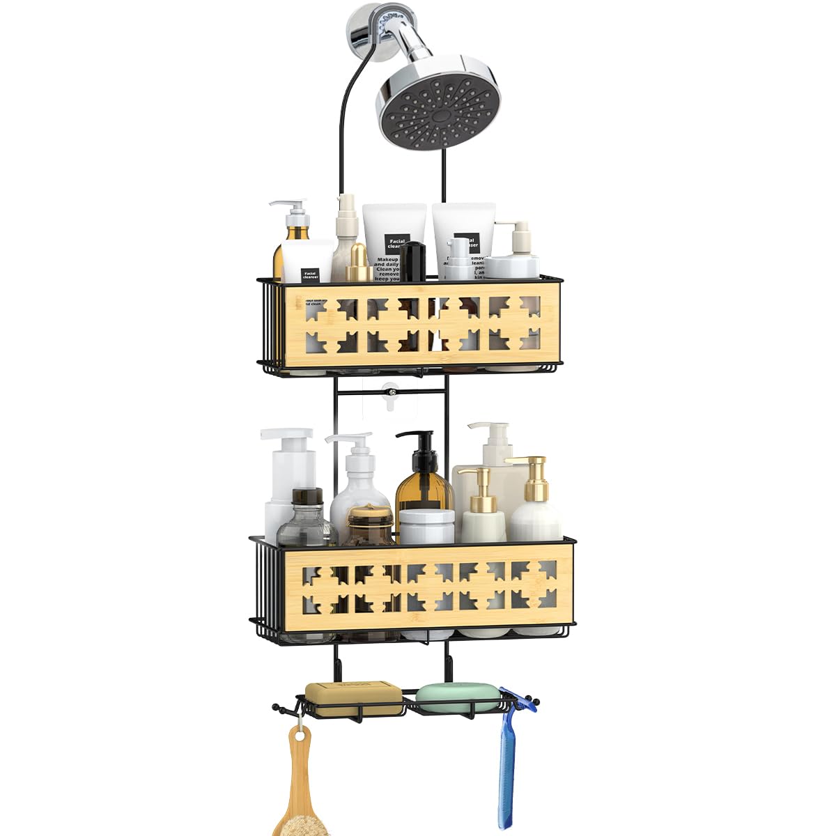 melos Shower Caddy Over Shower Head, 3 Tier Hanging Shower Organizer, Shower Caddy Hanging, Shower Rack Hanging Rustproof With Soap Holder, for Bathroom Hooks and Bamboo Board Silver