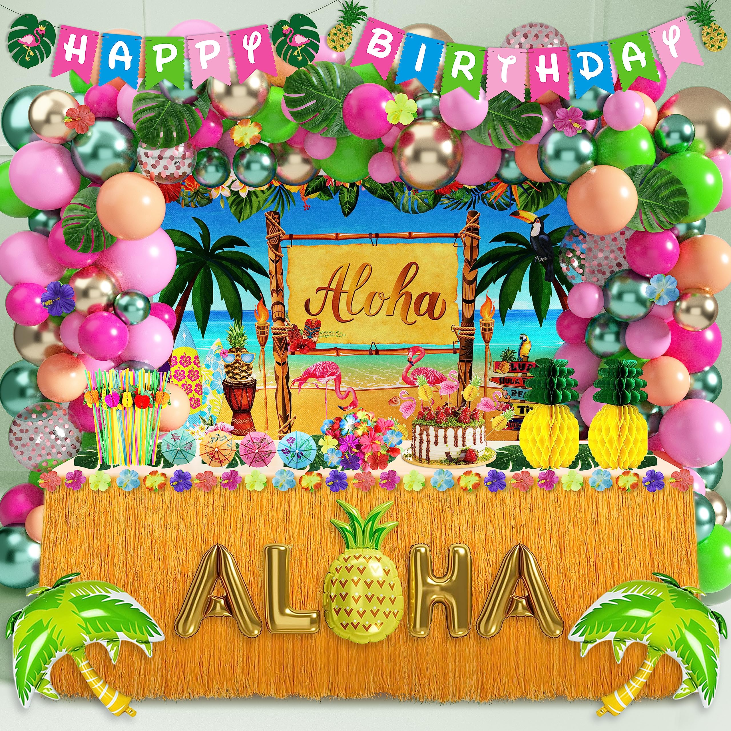 Hawaiian Luau Party Decorations Tropical Luau Theme Aloha Party Pack 171pcs for Summer Beach Holiday (Including Table Skirt, Backdrop, Banner, Balloons, Hibiscus Palm Leaves, Cake Toppers) (Luau-02)