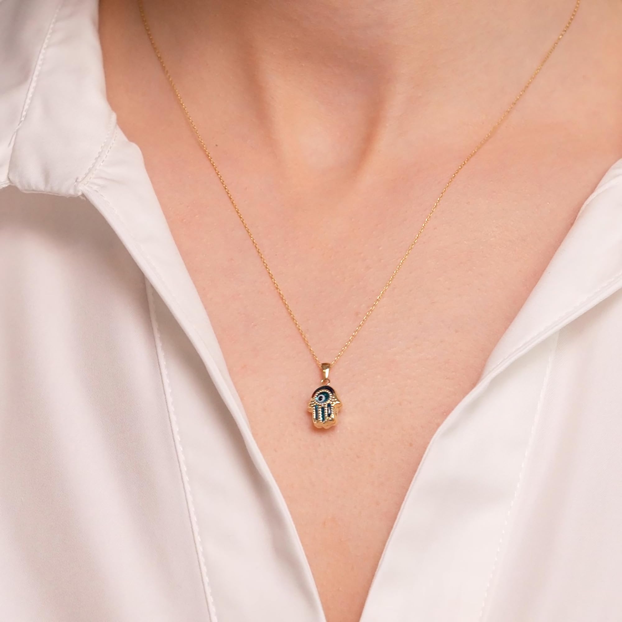 GELIN Hamsa Necklace in 14K Solid Gold | 14k Gold Evil Eye Necklace for Women, 18"