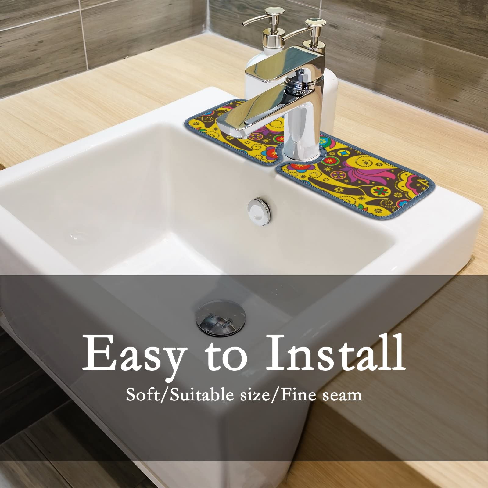Kitchen Faucet Mats 4 Pieces Colorful Yellow Elephants Absorbent Faucet Sink Splash Guard Bathroom Counter and RV,Faucet Counter Sink Water Stains Preventer