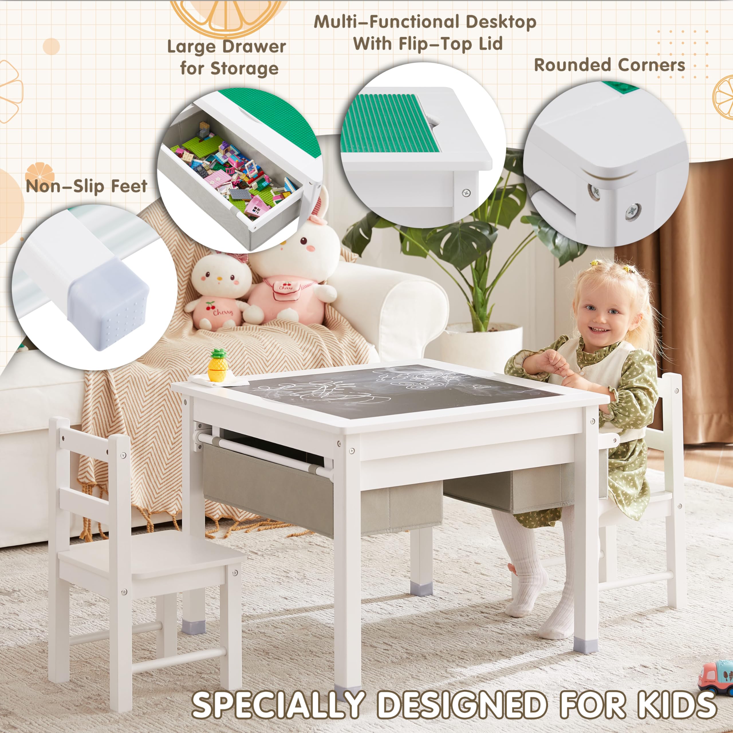 Onirw 3 in 1 Kids Table and 2 Chairs Set with Storage Drawers, Toddler Construction Play Table with Detachable Blocks and Blackboard Tabletop, Compatible with Lego and Duplo Bricks (White)