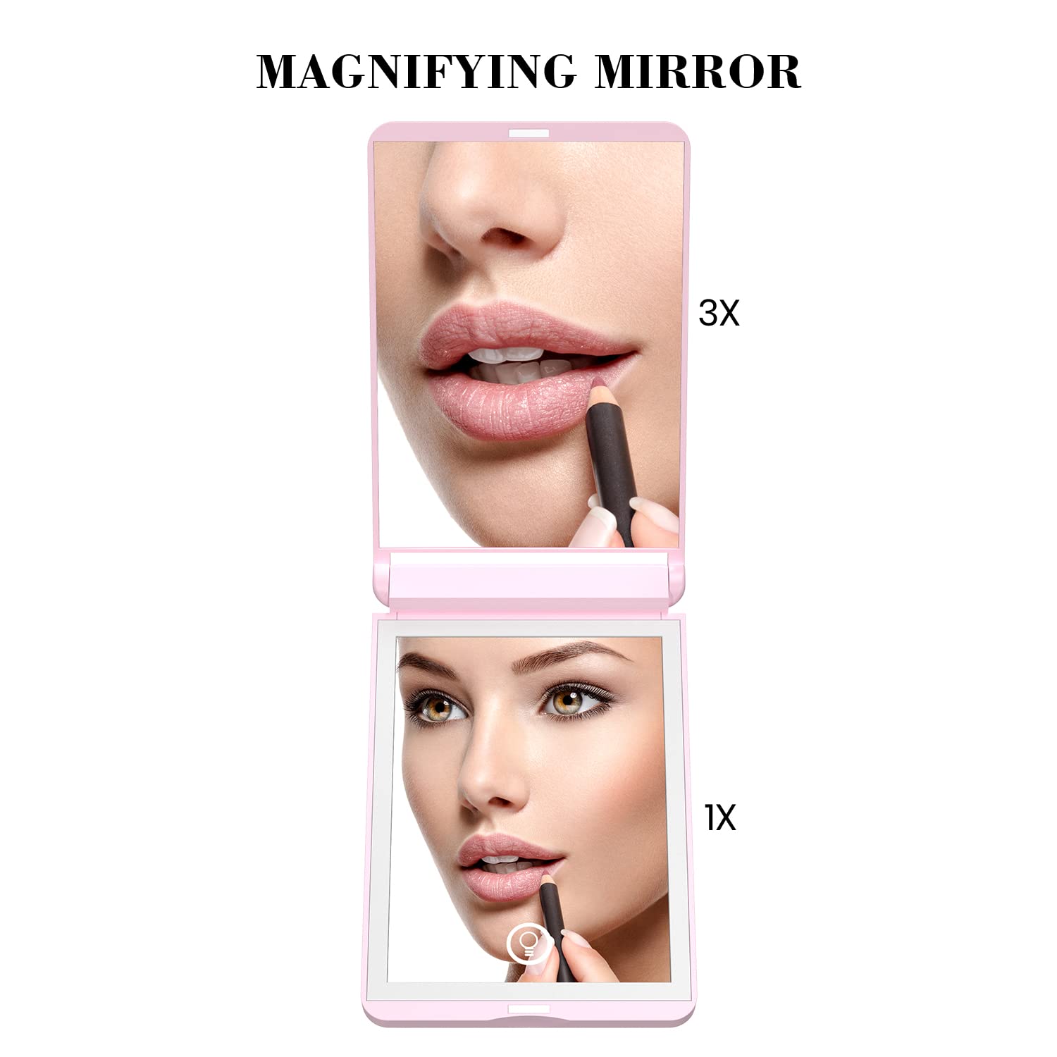 ULIGOOD [2023 Latest] Travel Mirror with Light, 1X/3X Magnification Lighted Pocket Mirror, Touch Switch Compact Mirror with LED Light, 2-Sided, Portable, Folding, Handheld, Small Compact Mirror(Pink)