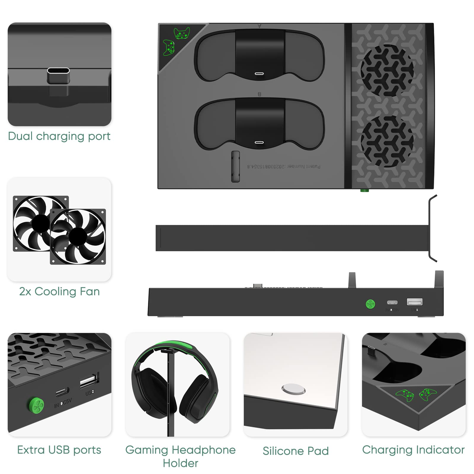 FASTSNAIL Vertical Stand with Cooling Fan for Xbox Series S Charging Station for Xbox Series X/S Controller, 2 Pack 1400mAh Rechargeable Batteries Charging Dock for Controller with Headset Stand