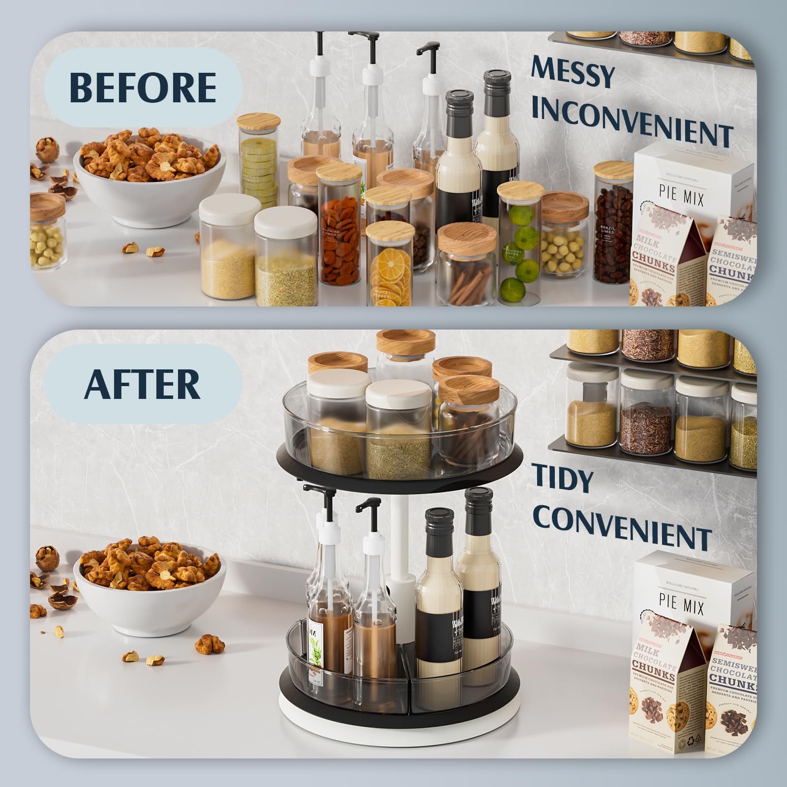 VERIFOST 2 Tier Lazy Susan Organizer, Height Adjustable Lazy Susan Turntable for Cabinet, Lazy Susan with 4 BPA Free Removable Clear Bins, 11 Inch Lazy Susan Spice Rack for Dining Table, Clear