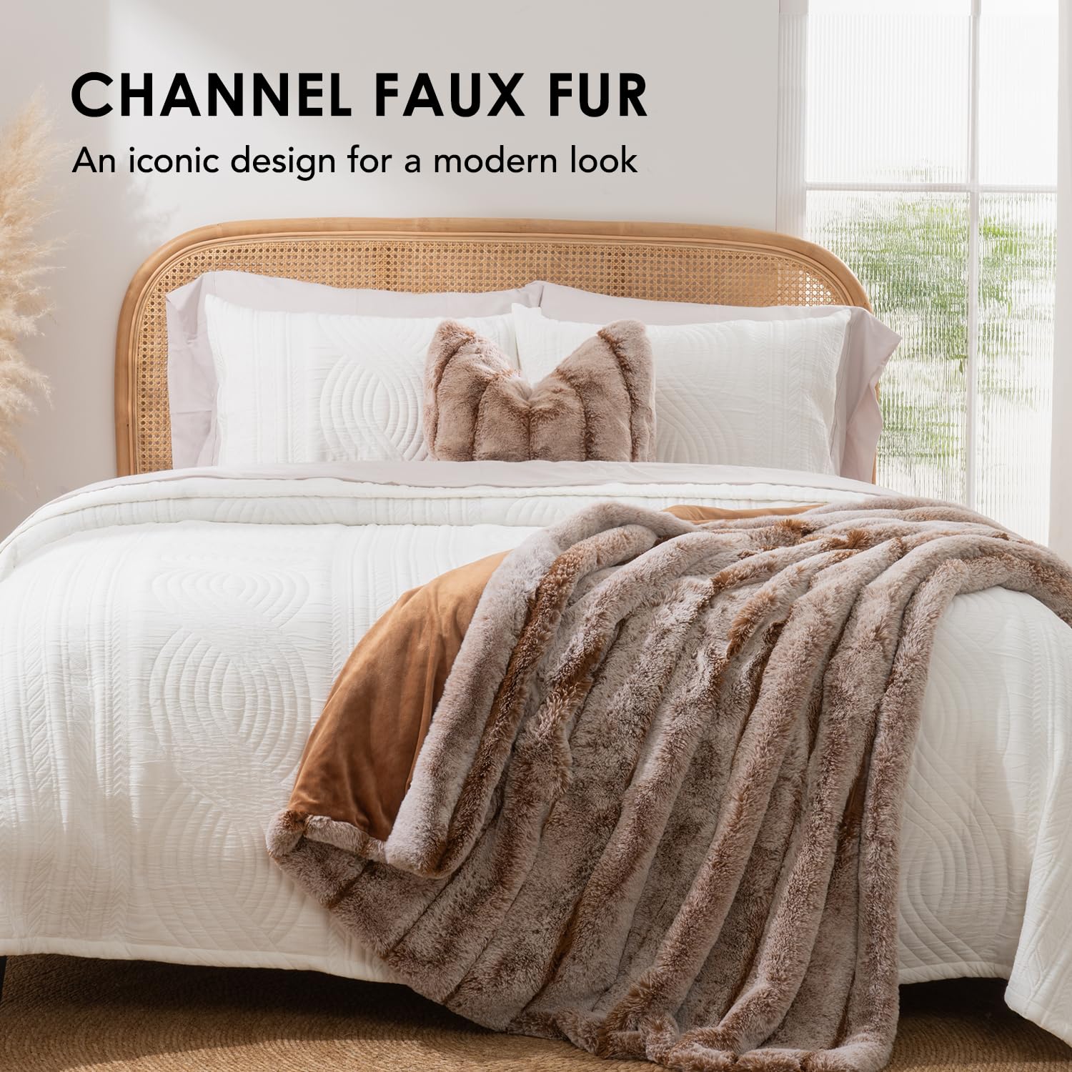 EVERGRACE Soft Rabbit Faux Fur Throw Blanket for Couch Bed, Luxury Cozy Fluffy Channel Blanket Warm Thick Mink Blanket with Reversible Plush Velvet for Winter, Caramel Brown, 60βx80β