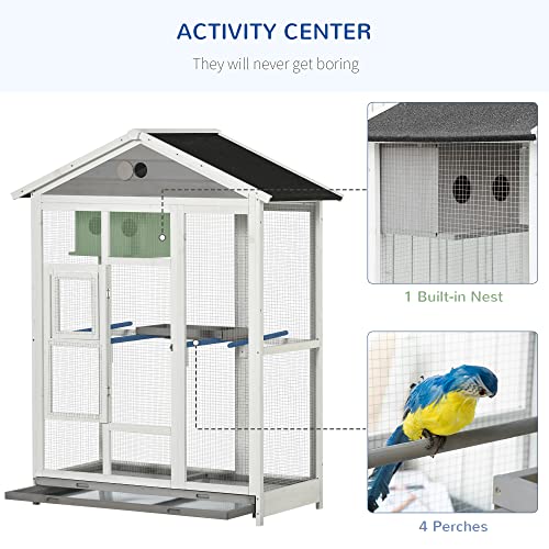 PawHut 64.5" Wooden Bird Cage Aviary, Flight Cage with 4 Perches, Nest and Slide-Out Tray for Indoor/Outdoor, Gray