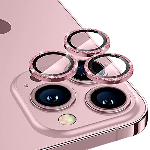 LOVE 3000 Compatible with iPhone 13 Pro/iPhone 13 Pro Max Camera Lens Protector Bling Glitter Diamond HD Tempered Glass Cute Camera Cover Protective Metal Individual Ring for Women Girls - Pink Glitter
