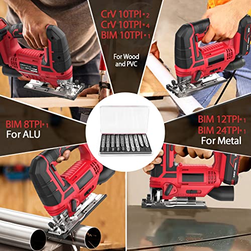 Jigsaw, 20V Cordless Jig Saws with LED, 10Pcs Blades, 4 Orbital Settings, Variable Speed, ±45° Bevel Cutting, Scale Ruler, Tool-free Blade Changing, Battery & Carrying Bag & Fast Charger Included(A)