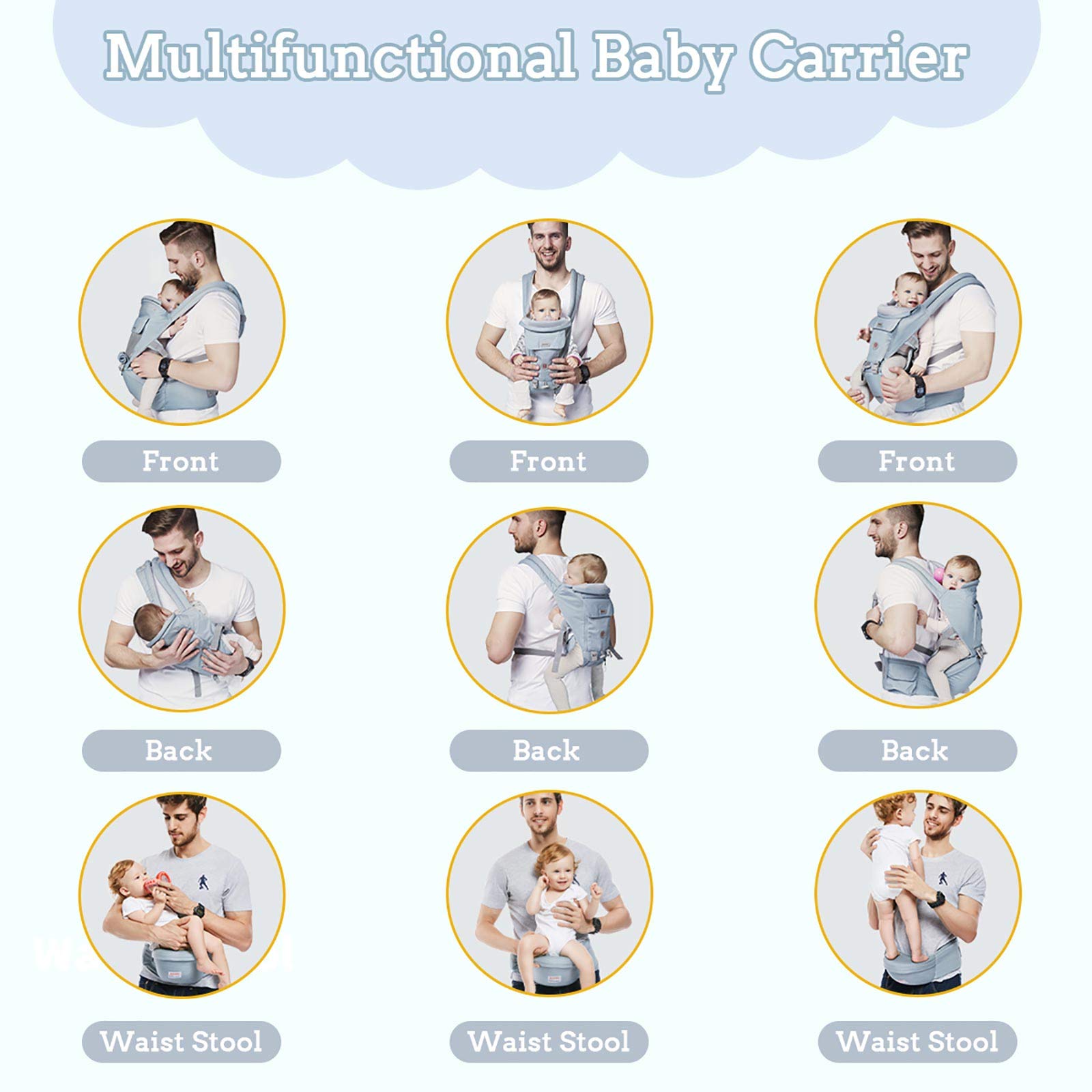 FRUITEAM 6-in-1 Baby Carrier with Waist Stool/Hip Seat for Breastfeeding, One Size Fits All - Adapt to Newborn, Infant & Toddler (Blue)