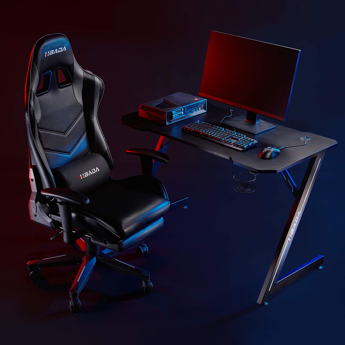 Hbada 43 inch Gaming Computer Desk, Home Office PC Desk, Z-Shape Racing Style Game Station with Double Cable Manage Hole, Sturdy Ergonomic E-Sports Desk with Cup Holder and Headphone Hook, Black