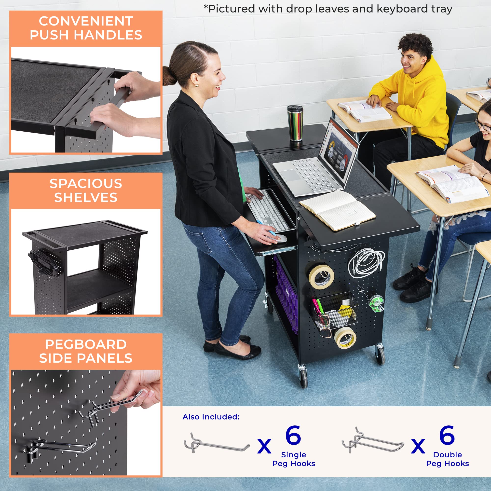 Line Leader Stellar AV Cart | Reimagine Your Teacher Cart with Revolutionary Pegboard Siding & 12 Movable Peg Hooks for Customizable Storage | UL Safety Certified Mobile Workstation & Computer Cart