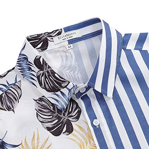 EliteSpirit Hawaiian Shirts for Mens Beach Shirts Casual Button Down Shirts Short Sleeve Striped Floral Print Blue Striped L