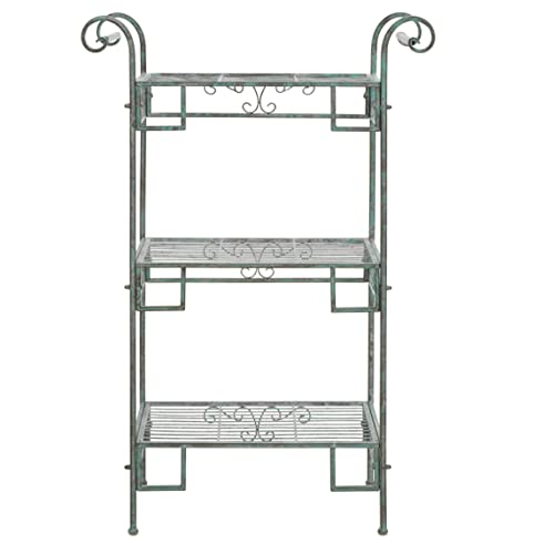 SAFAVIEH Outdoor Collection Noreen Victorian Scroll Antique Dark Green Wrought Iron 3-Tier Shelf