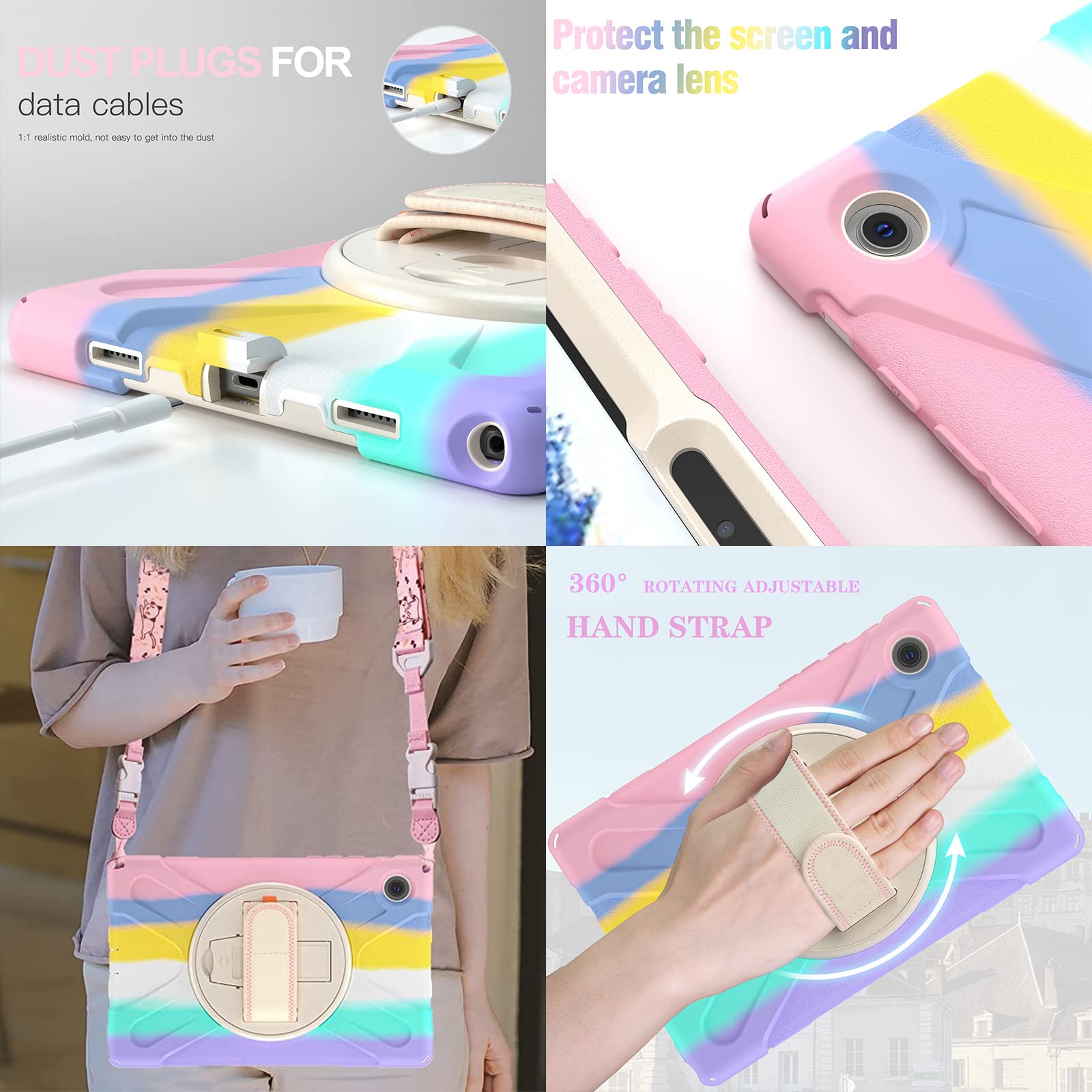 TSQQST Case for Samsung Galaxy Tab A8 10.5" 2022 for Kids Girls with Screen Protector Stand&Hand Strap | Rugged Protective Case for Samsung A8 Tablet SM-X200/X205/X207-Rainbow Pink