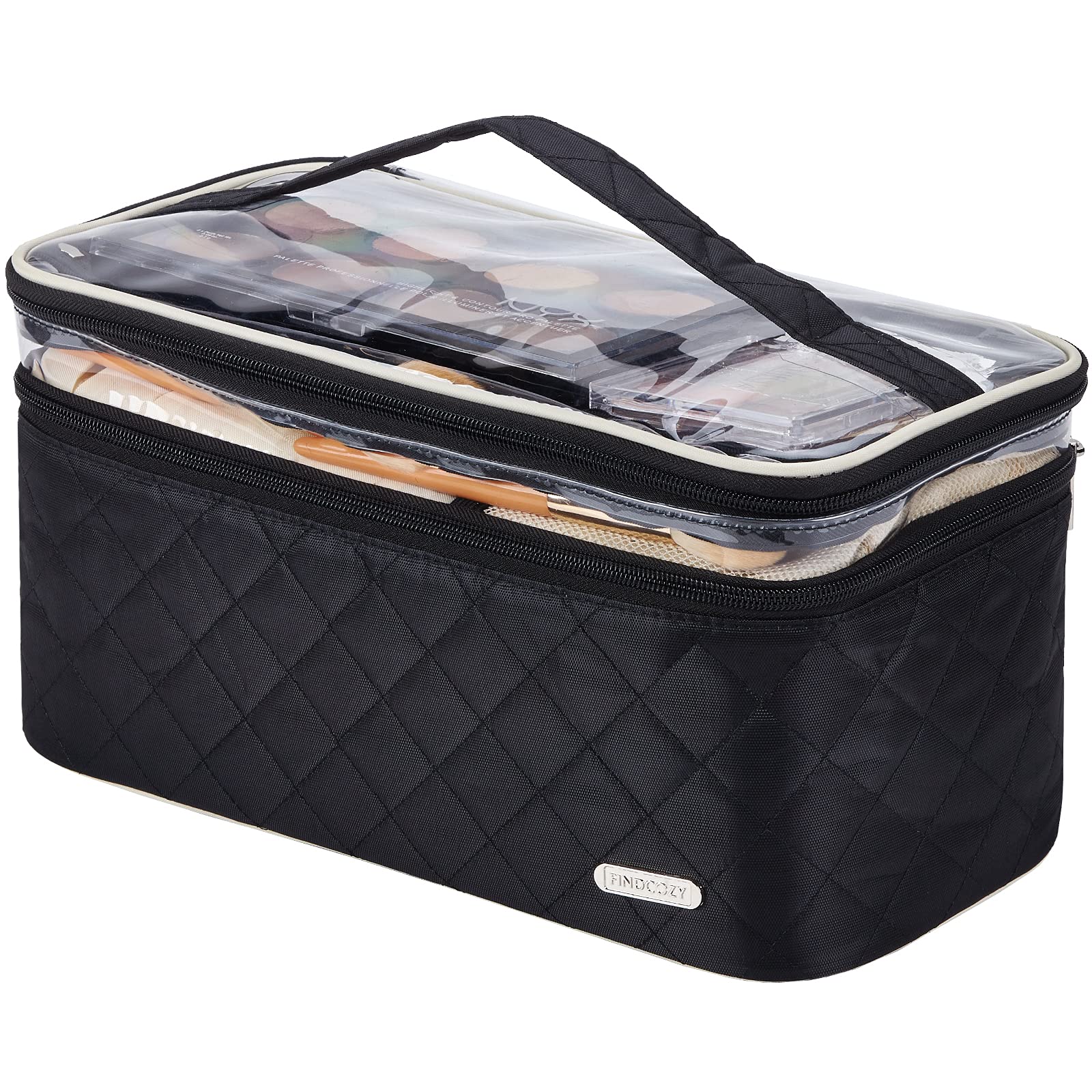 FINDCOZY Double Layer Makeup Bag, Large Cosmetic Case for Women, Make Up Organizer for Brushes, Beauty, Eyeshadow Palette, Lipstick (Black, Clear top)