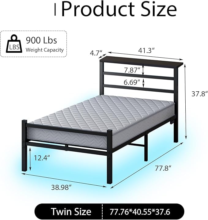 REVOMINCA Twin Bed Frame with Charging Station, Metal Platform Bed Frame with LED Lights, Storage Headboard, Heavy Duty Steel Slats, No Noise, Easy Assembly