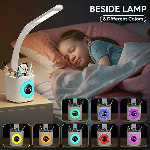 Hokone Desk Lamps for Home Office, LED Desk Lamp with Pen Holder, 10W Study Lamp with USB Adapter, Gooseneck White Desk Lamp Dimmable, RGB Touch Night Light for Kids