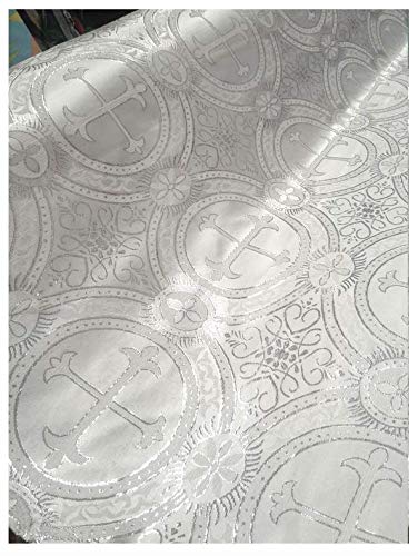 Religious Themed with Cross Heavy Brocade Fabric by The Yard, 58/60" Wide, White/Silver and Gold (White/Silver)