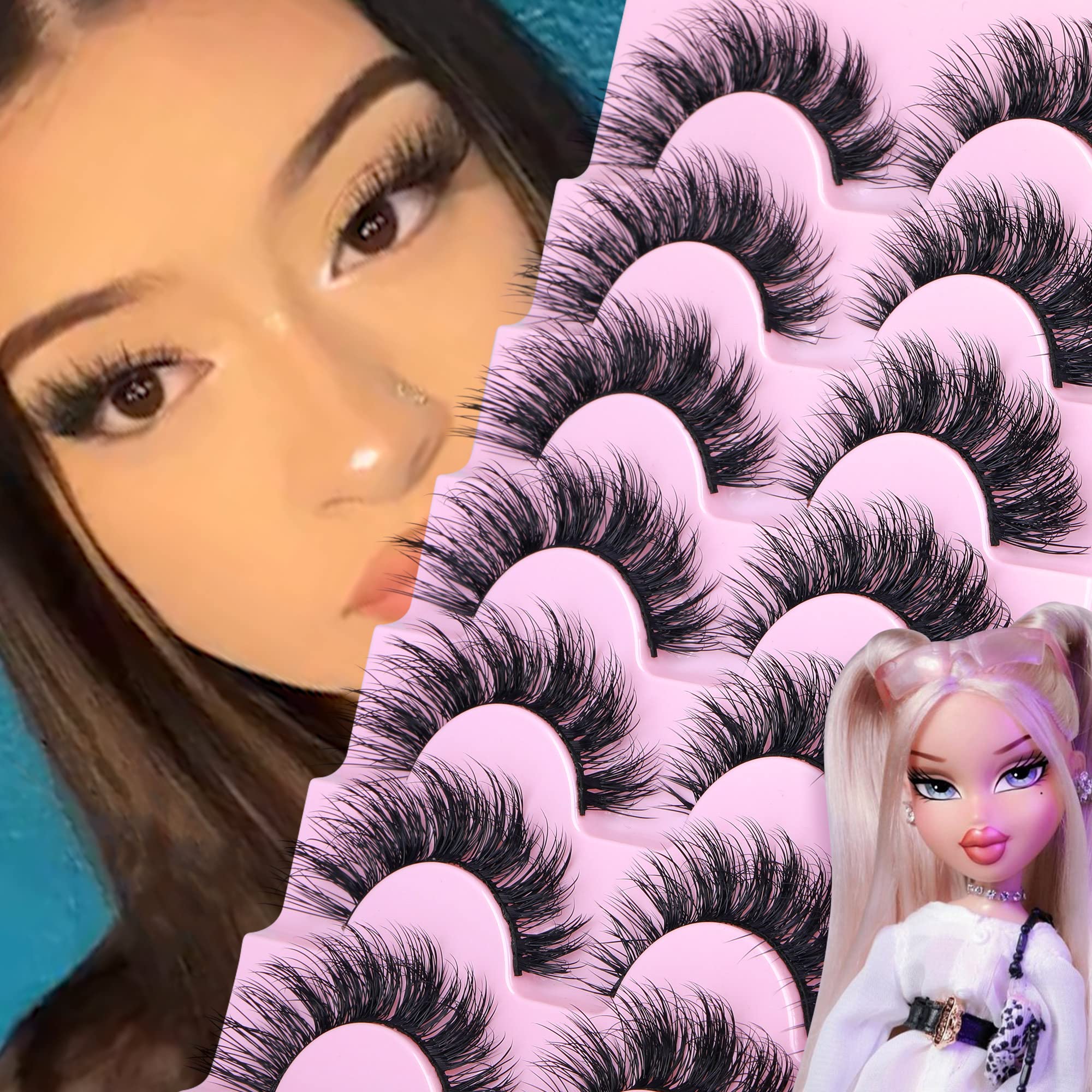Mink Lashes Natural Look Wispy False Eyelashes Fluffy Flat Lashes Extensions Strip Curly Fake Eyelashes Handmade Cat Eye Lashes 7 Pairs Multipack By GVEFETIEE Black