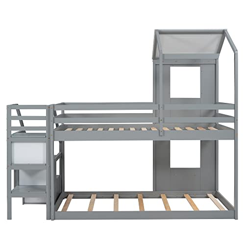 LOVMOR Twin Over Twin Bunk Bed with Storage Stairs,Wood Bed with Roof, Window, Guardrail, Ladder,Gray+White