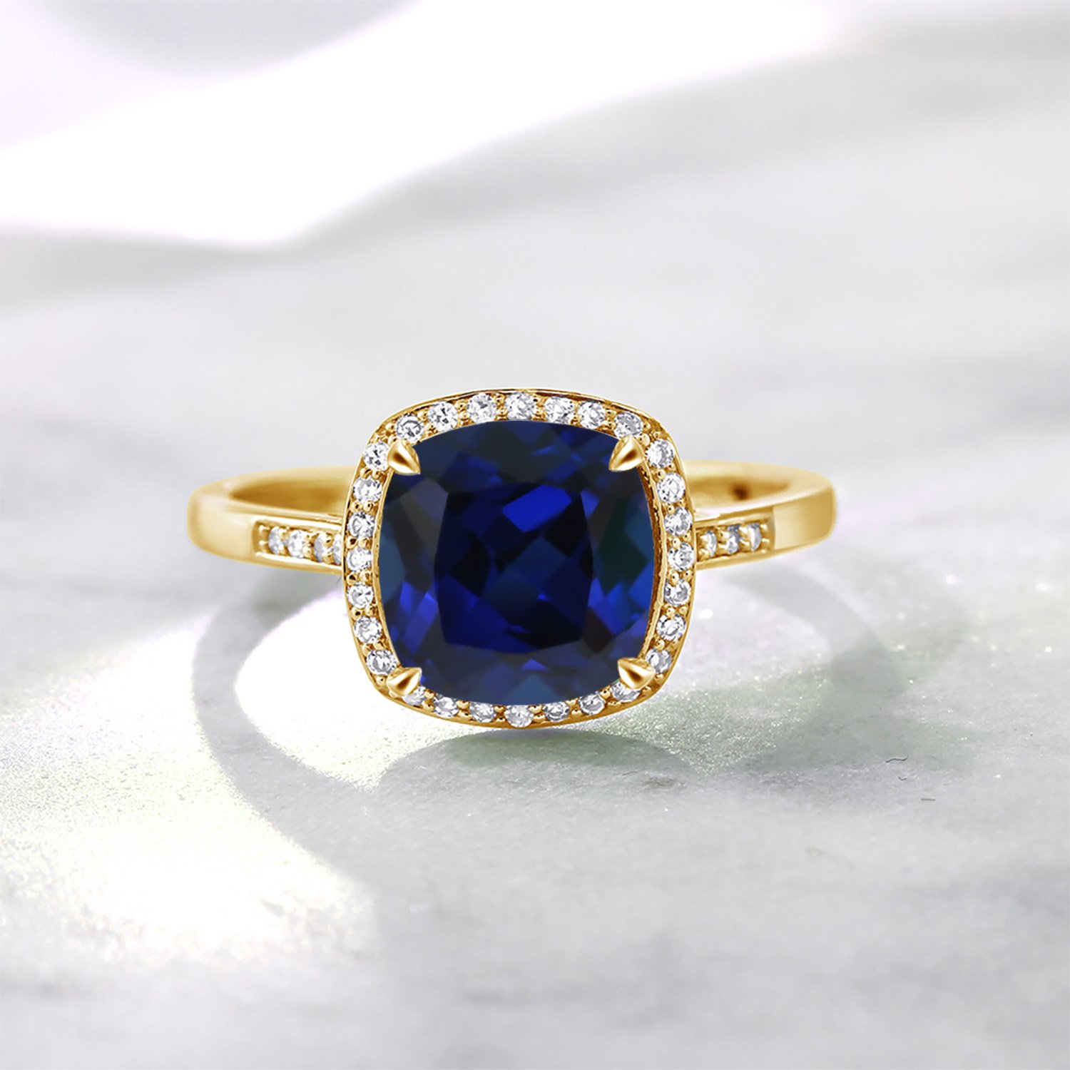 Gem Stone King 10K Yellow Gold Blue Created Sapphire and Diamond Engagement Ring For Women | 2.50 Cttw | Cushion 8MM | Yellow Gold Ring | Available in size 5, 6, 7, 8, 9
