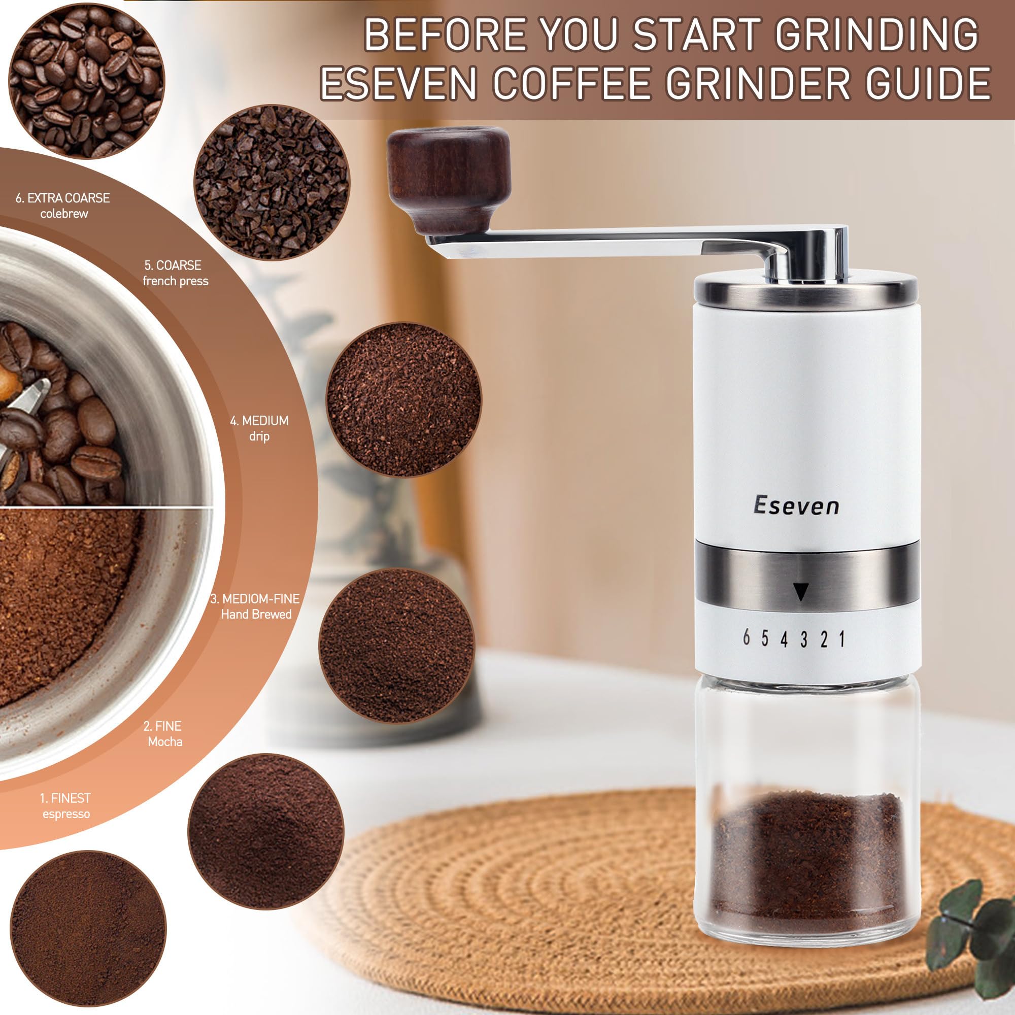 Eseven Manual Coffee Grinder Hand Coffee Grinder with 6 Adjustable Ceramic Burr Grinder Coarseness Settings, Manual Coffee Bean Grinder for Espresso, French Press, Camping & More! (Cream)