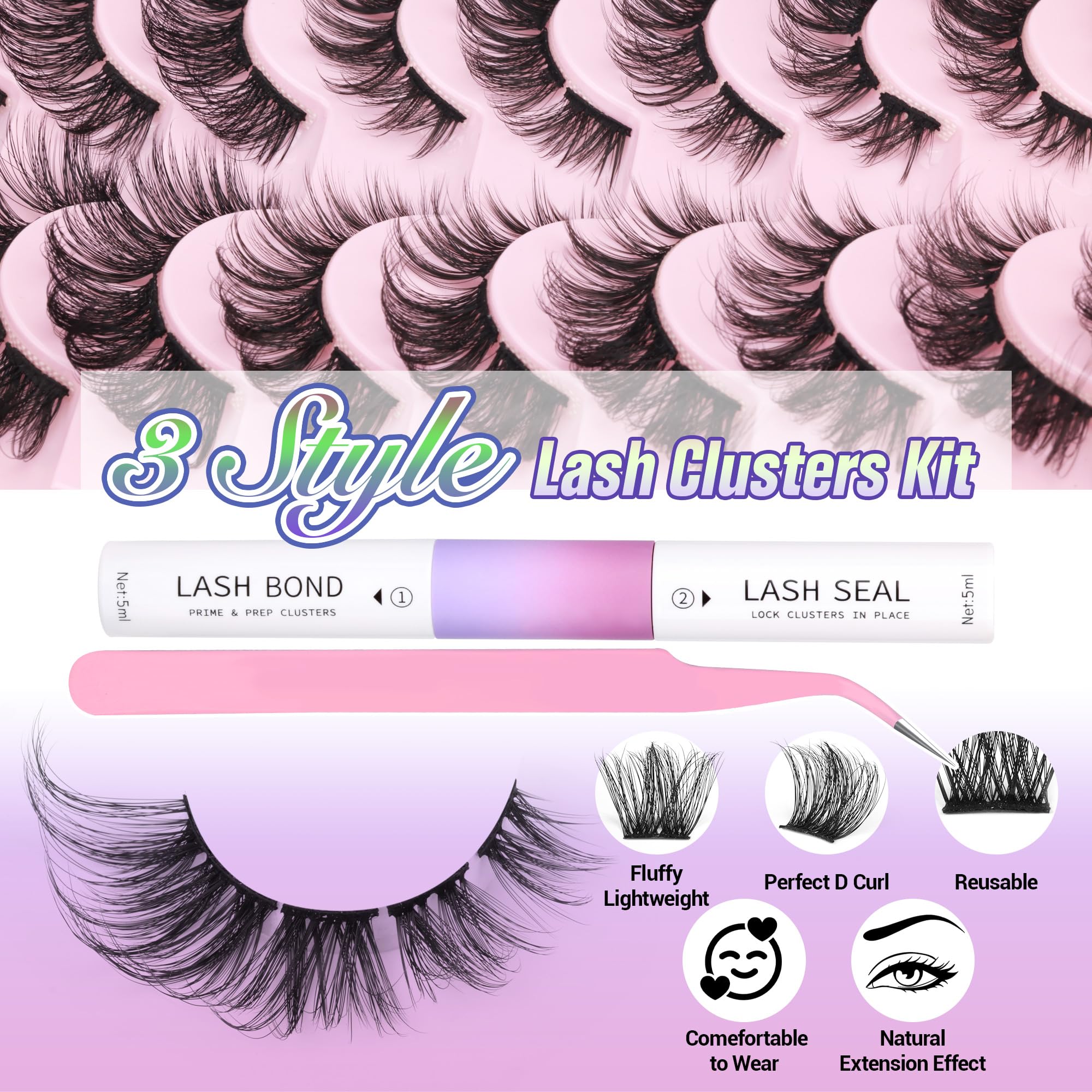 Eyelash Extension Kit 3 Styles Lash Clusters Kit Fluffy Wispy Cat Eye Cluster Lashes Extension Kit with Long Lasting Lash Bond and Seal and Lash Tweezers D Curl Individual Lashes by Vanssymunlin