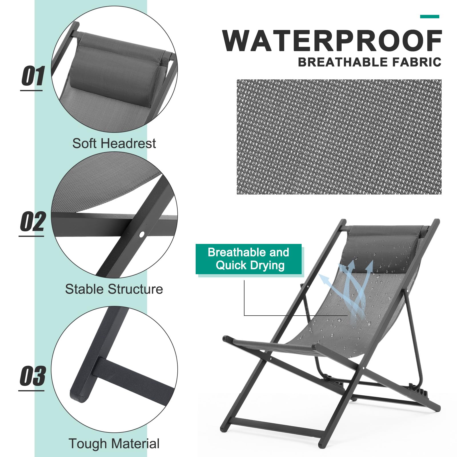 Menkxi 2 Pcs Patio Sling Chairs Outdoor Folding Poolside Chair with Pillow Adjustable 5 Levels Reclining Chairs Portable Beach Chairs Waterproof Breathable Mesh Aluminum Frame for Deck (Navy Blue)