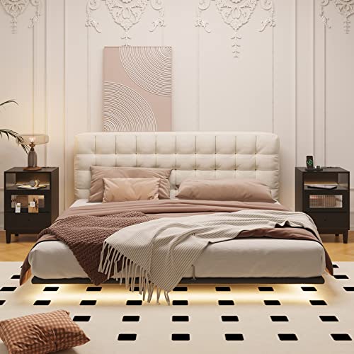 Saudism Black Nightstand with Charging Station, End Table with Glass Drawers, Night Stand with LED Lights, Wood Bedside Tables for Bedroom, 15.7”×13.7”×23.8”