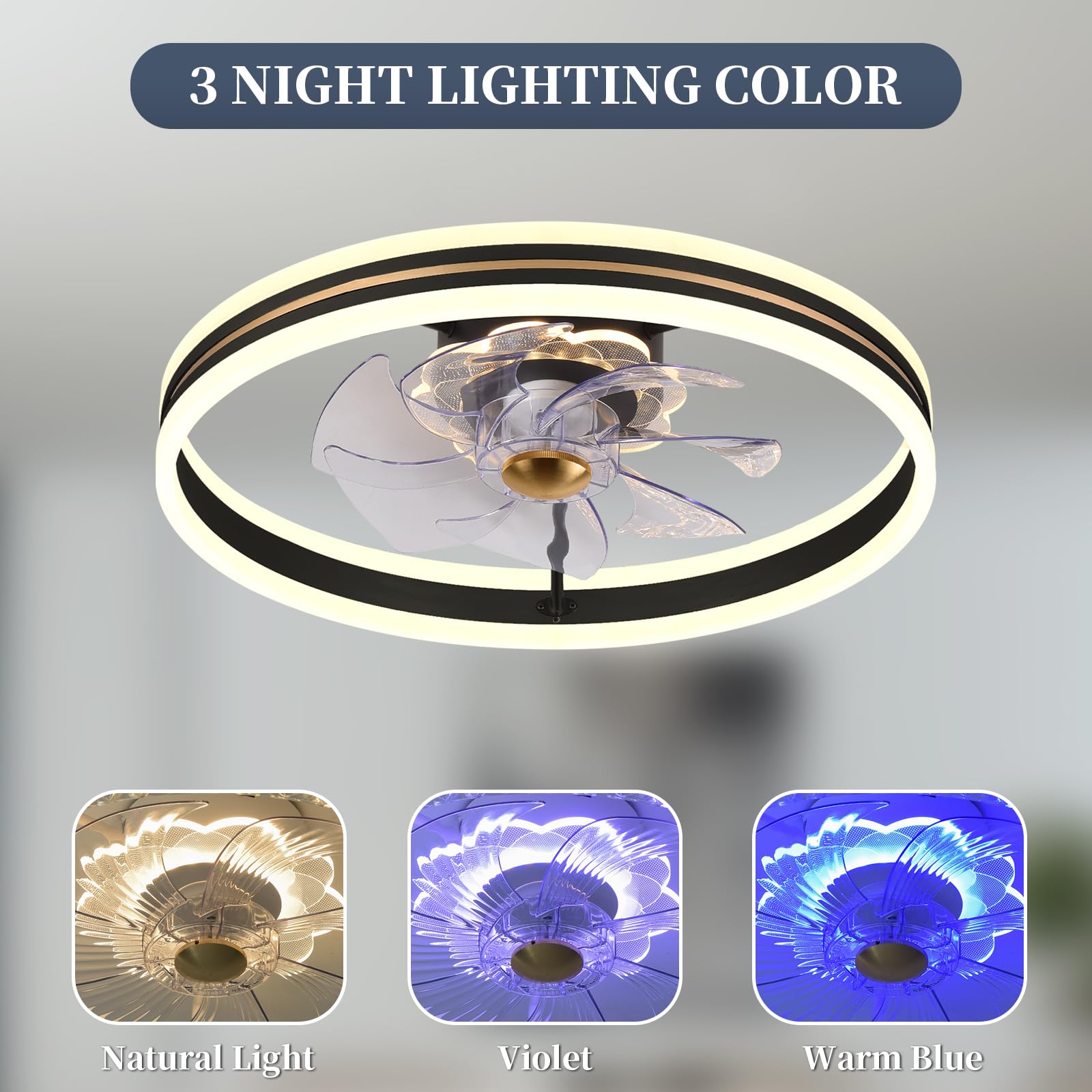 Fszdorj 2023 Upgraded 20ββ Smart Ceiling Fan with Light, Low Profile Fan, Flush Mount Ceiling Fan, 6 Speeds, Dimmable LED, App & Remote Control, Quiet DC Motor, For Bedroom, Living Room, F105 Black