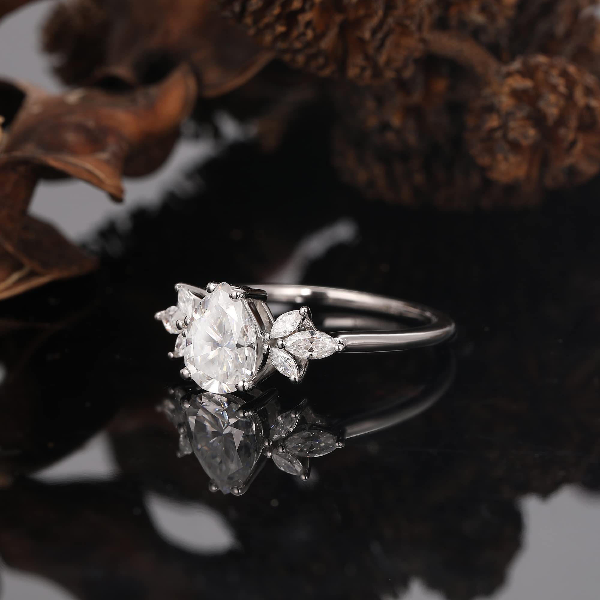 Frayerr Marquise Moissanite Cluster Ring - Gift Ring For Wife - Pear Cut 6x8mm GH VVS1 Moissanite Engagement Ring - 925 Sterling Silver Prong Set Women Ring - Anniversary Ring (6.5)