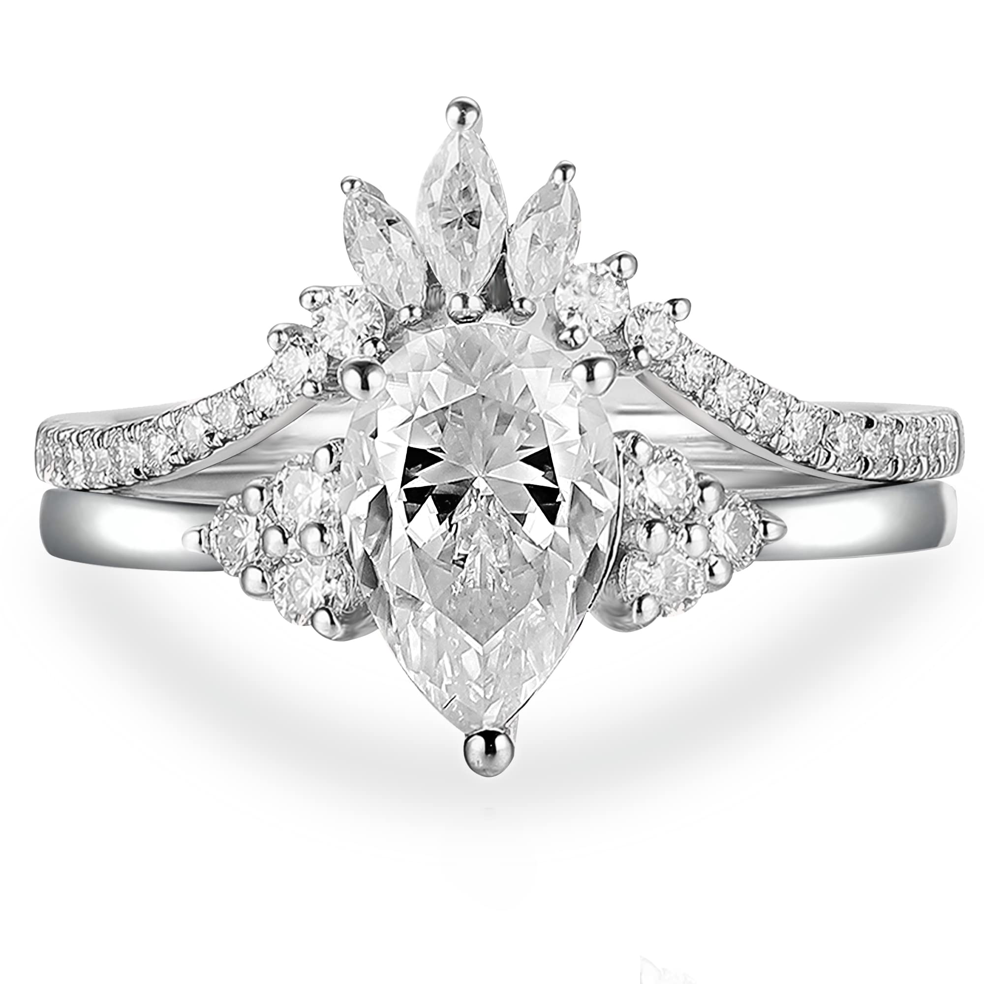Frayerr Statement Ring,Excellent Pear Cut 1.50 Carat Genuine Moissanite Wedding Set,Proposal Ring,925 Sterling Silver Bridal Rings,Marquise Moissanite Wedding Band,Promise Ring For Women (4)