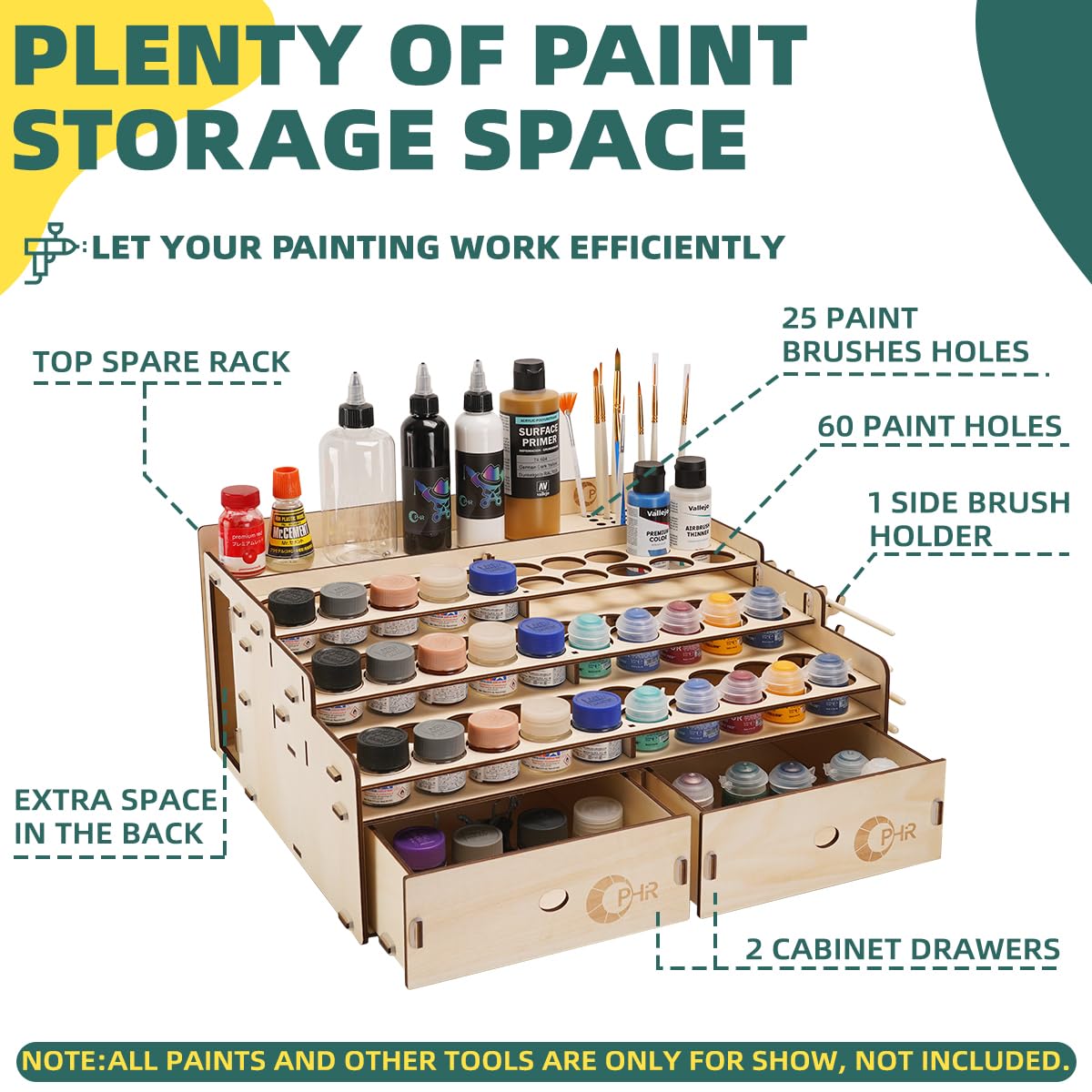 OPHIR Wooden Paint Organizer, Miniature Paint Holder Storage Rack for 60 Acrylic Model Paint Bottles with 2 Drawers, 2 Painting Handle, 25 Paint Brush Holes and 1 Brush Holder for Miniature Paint Set