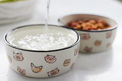 Pearhead Cat Faces Pet Bowl, Cat Water and Food Dish, Pet Owner Cat Accessory, Ceramic, Blush and White