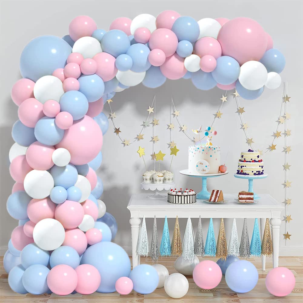 Gender Reveal Balloon Arch Kit 124 Pcs Pink and Blue and White Balloons Garland Kit for Boys Girls Gender Reveal Decorations Wedding Baby Shower Birthday Party Decorations, 5+10+12+18 inch