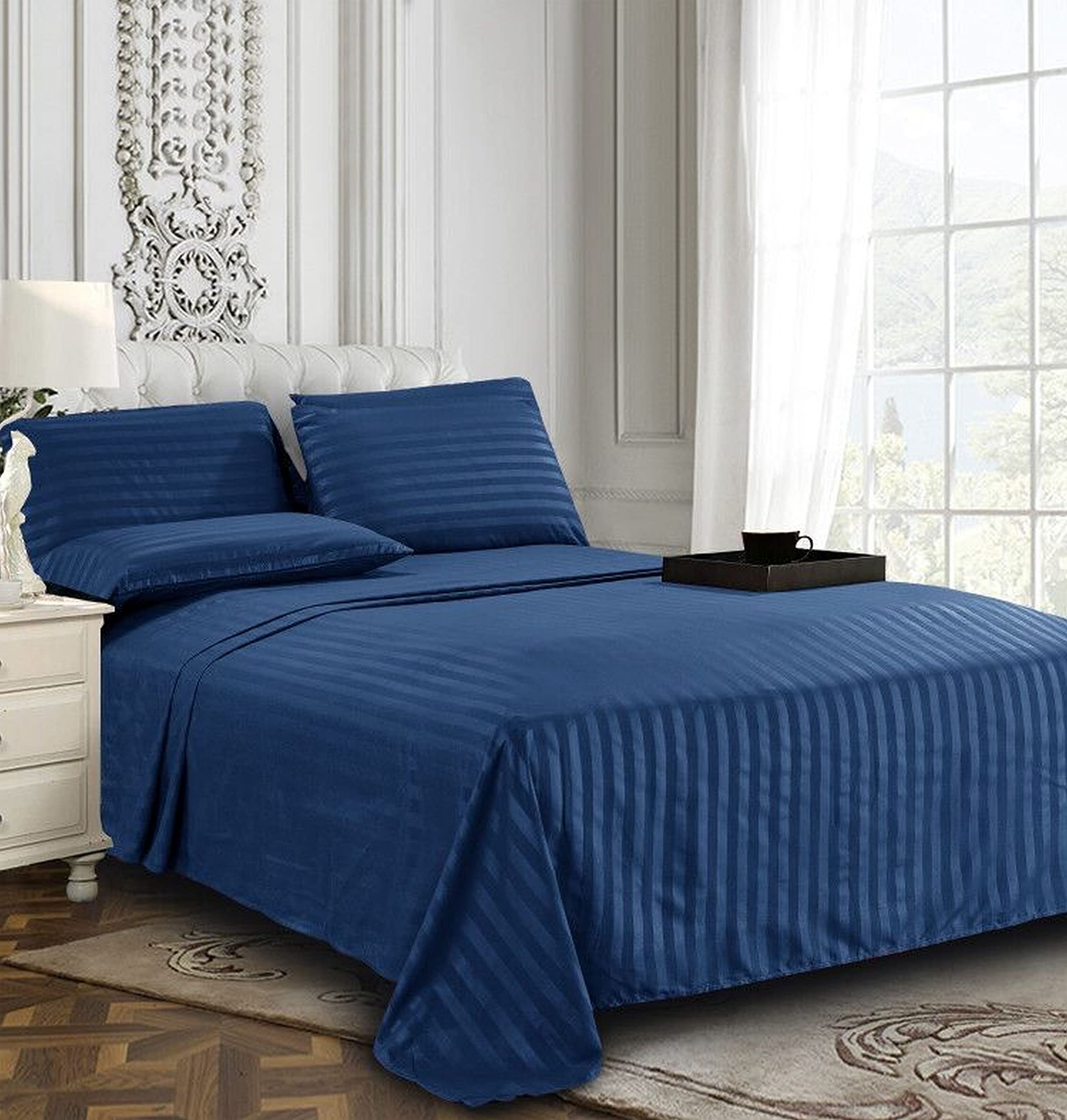 Elegant Comfort Best, Softest, Coziest 6-Piece Sheet Sets! - 1500 Premier Hotel Quality Luxurious Wrinkle Resistant 6-Piece DAMASK STRIPE Bed Sheet Set, Full Navy Blue