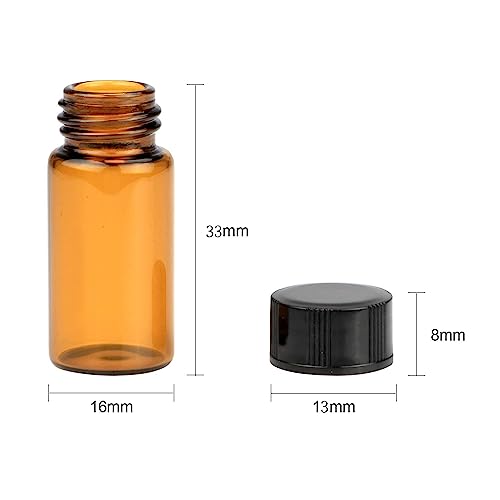 QOAEZK 3ML Glass Sample Vial,Amber Borosilicate Glass Liquid Sampling Sample Glass Thread Bottles,16 * 33mm,13-425 Black Screw Caps with Natural PTFE/White Silicone Liner, pack of 100