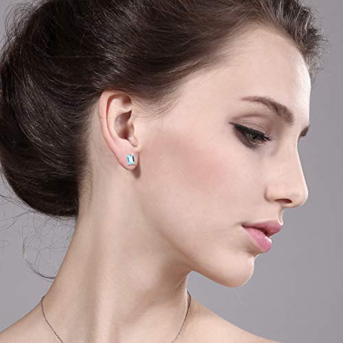 Gem Stone King 14K Yellow Gold Sky Blue Aquamarine Stud Earrings For Women (1.60 Cttw, Gemstone March Birthstone, Emerald Cut 7X5MM)