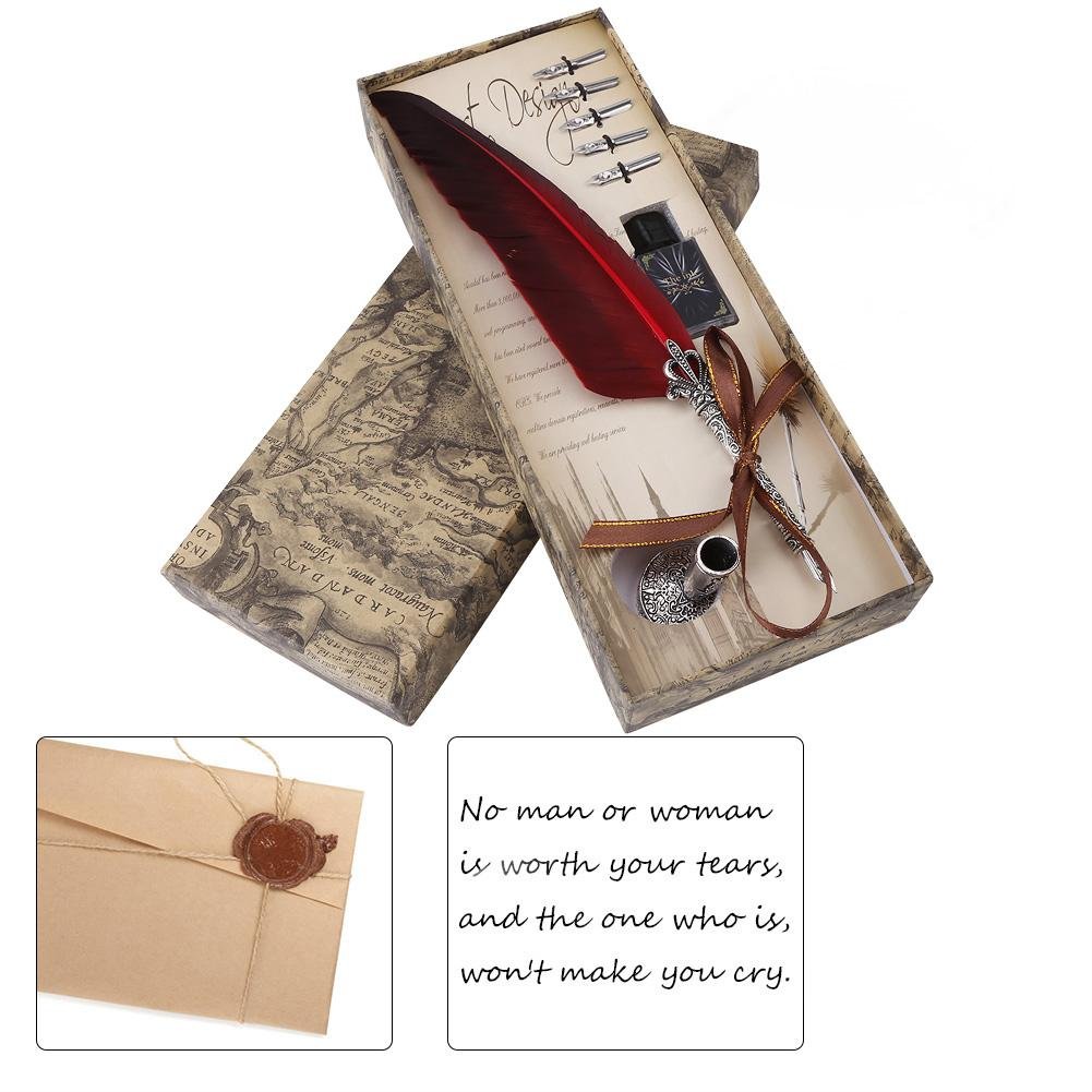 Feather Quill Pen,Antique Calligraphy Feather Dip Quill Pen with Ink Set,5 Replacement Nibs,Fluent in writing(Red)