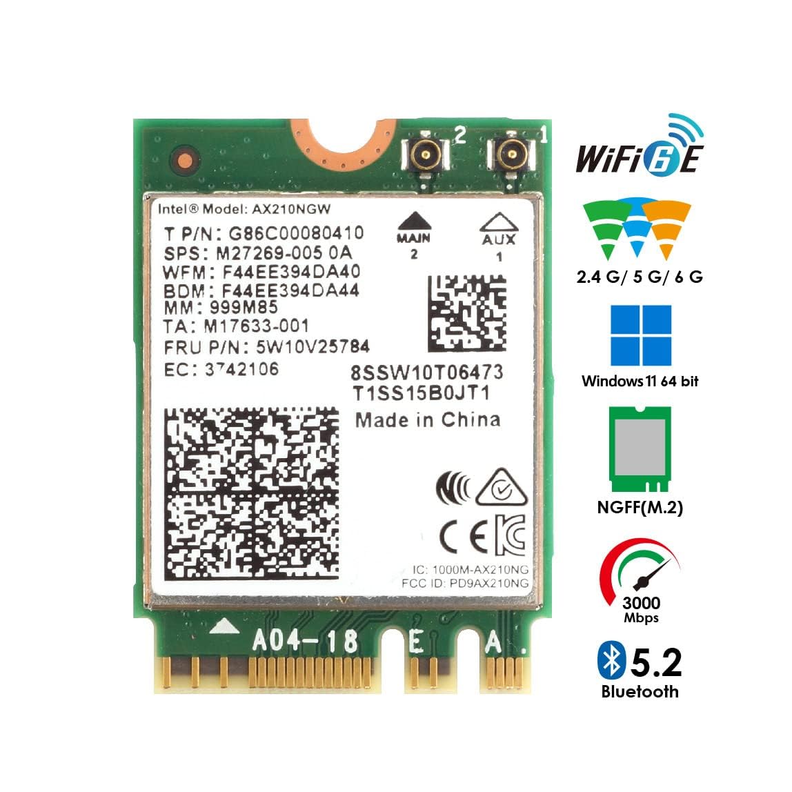Y5 AX210NGW AX210 WiFi 6E Gig+ M.2 2230 A/E Key Module, MU-MIMO Tri-Band Wi-Fi Card with Bluetooth 5.2. Support Windows 10/11 64bit.
