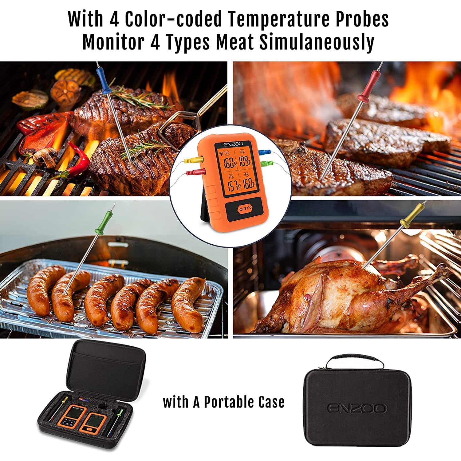 ENZOO Wireless Meat Thermometer with 4 Probes for Grilling, Instant Read Food Thermometer, Digital Meat Thermometer, Cooking Thermometer for Smoker, BBQ Accessories