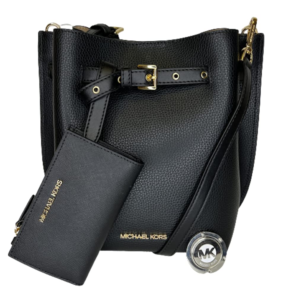 Michael Kors MICHAEL Michael Kors Emilia SM Bucket Bag Messenger Crossbody bundled with SM Zip Card Case Purse Hook (Black)